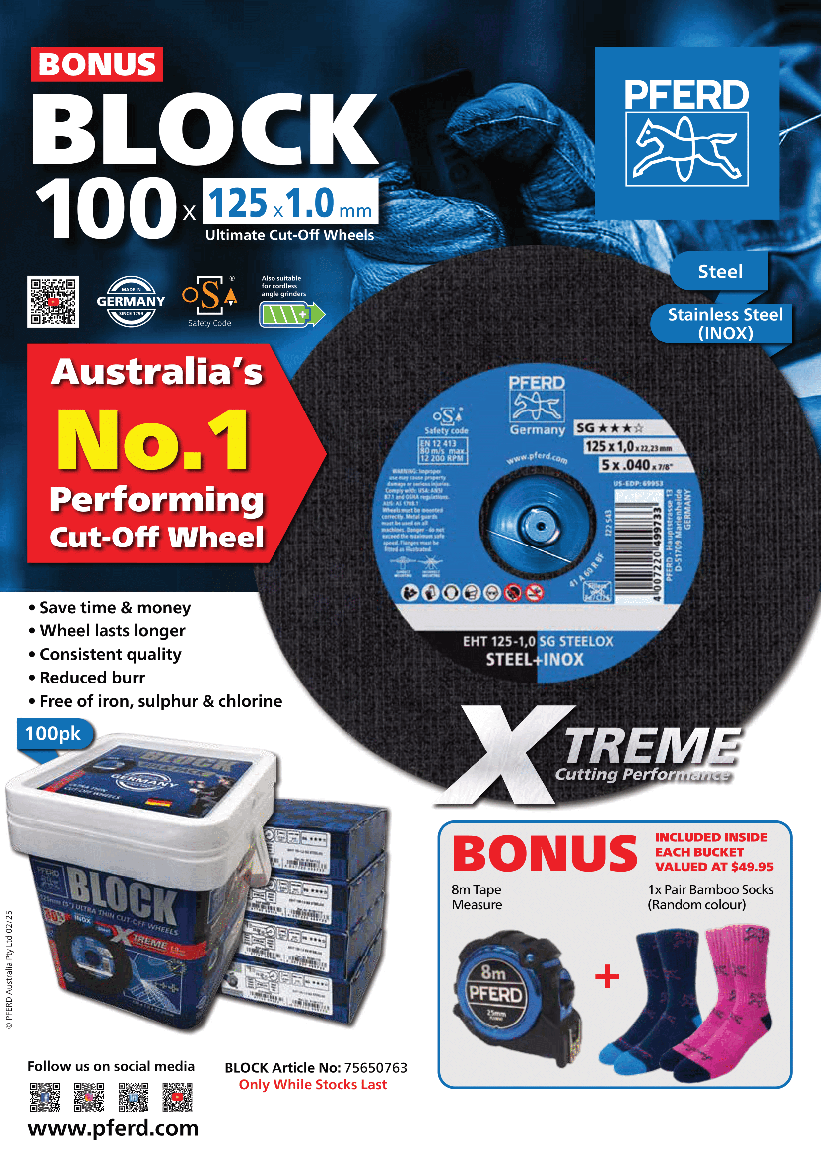 PFERD BUCKET 75650763 ULTRA-THIN CUT-OFF WHEELS EHT125 - 1.0 SG STEELOX ...